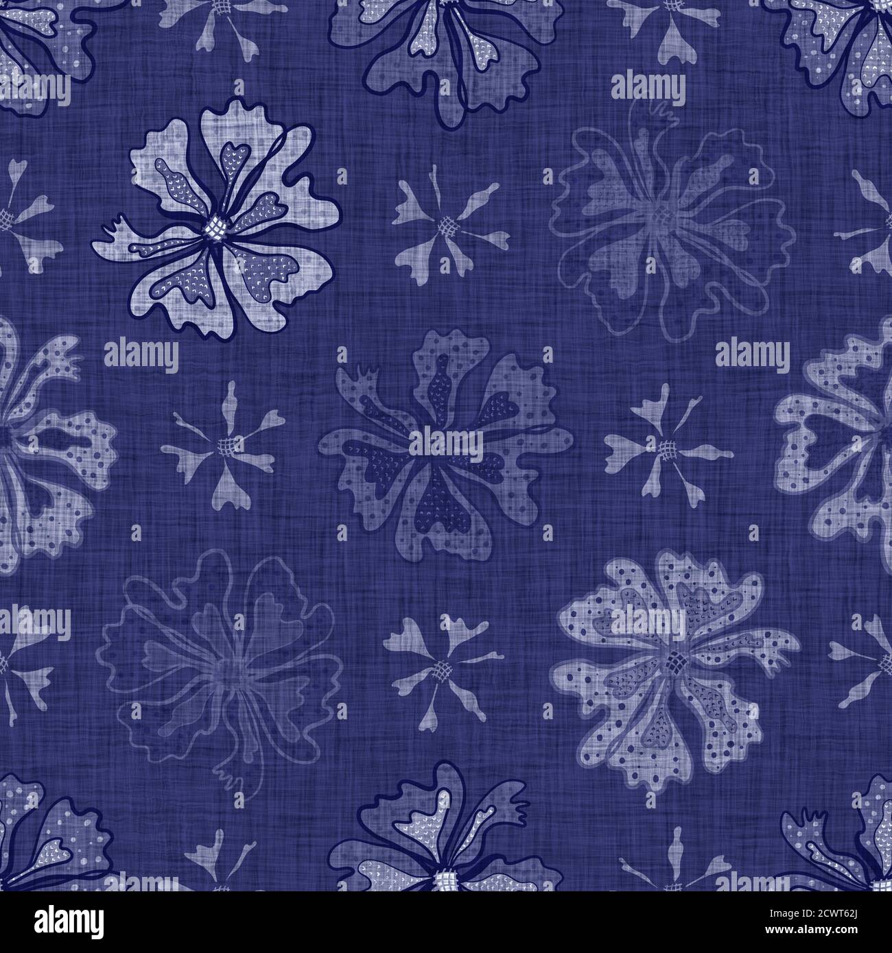Indigo blue flower block print dyed linen texture background. Seamless ...