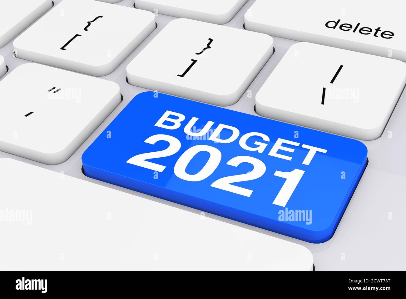 Blue Budget 2021 Key on White PC Keyboard extreme closeup. 3d Rendering ...