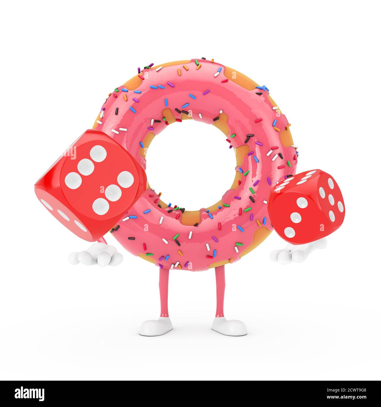 Big Strawberry Pink Glazed Donut Character Mascot with Red Game Dice ...