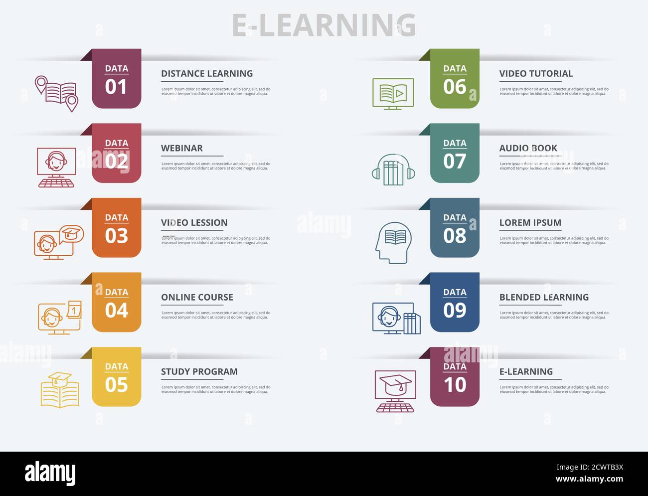 Infographic E-Learning template. Icons in different colors. Include ...