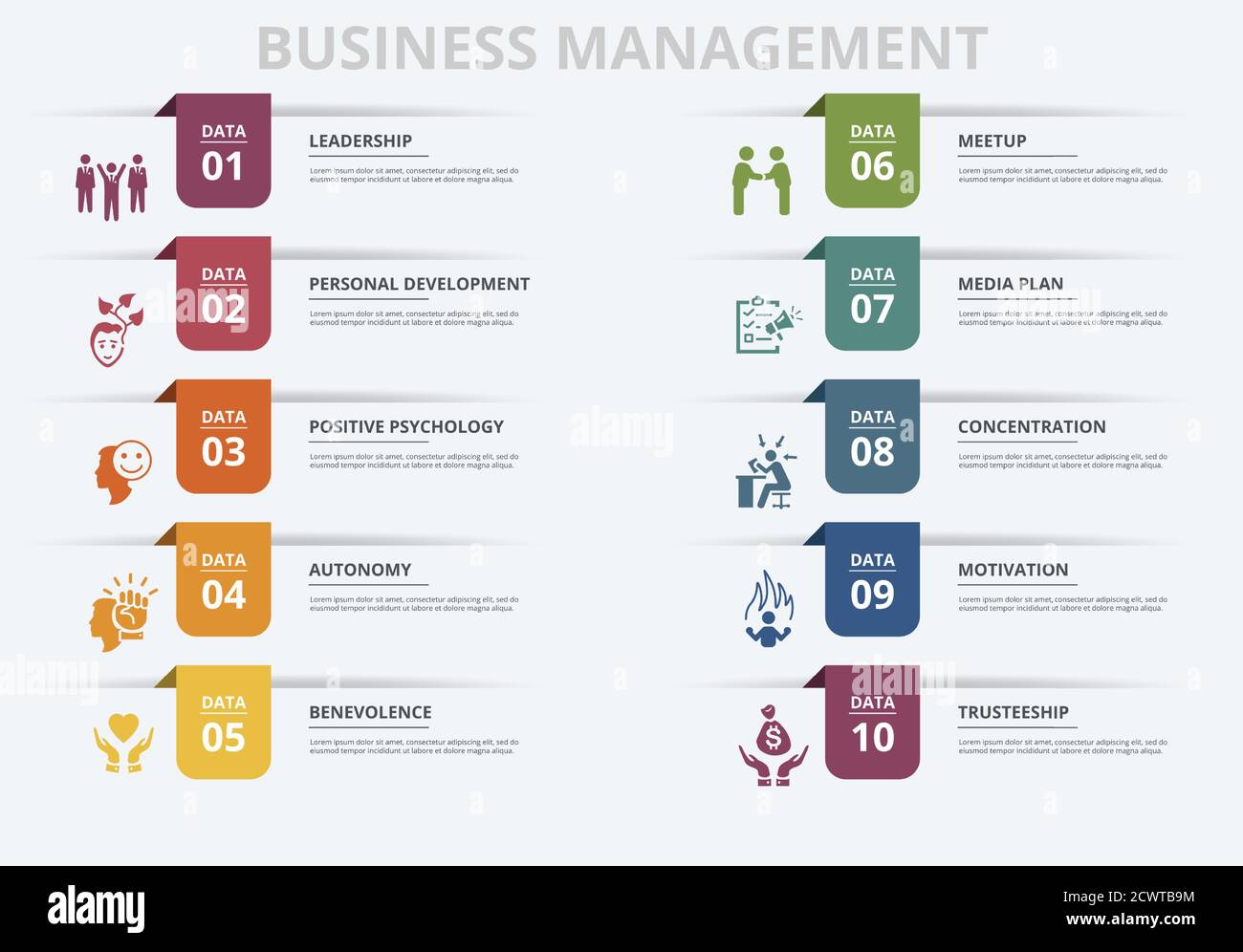 Infographic Business Management template. Icons in different colors ...