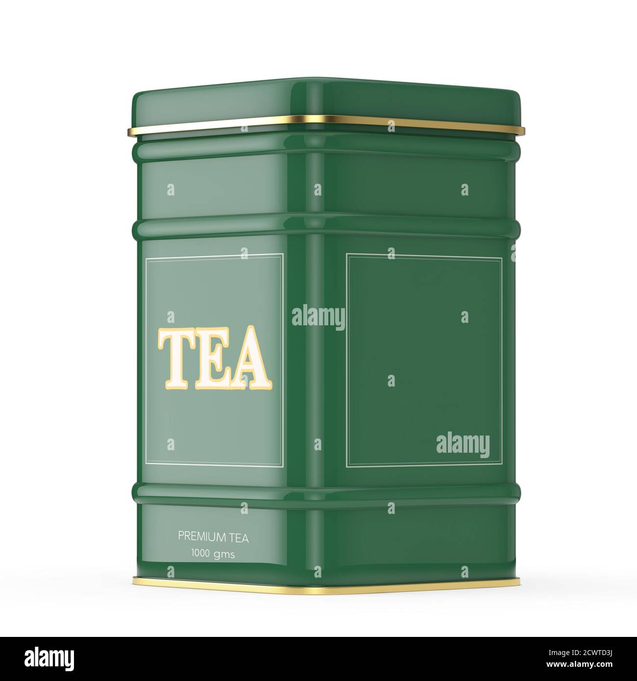 Metal Green Tea Box with Golden Stripe on a white background. 3d ...