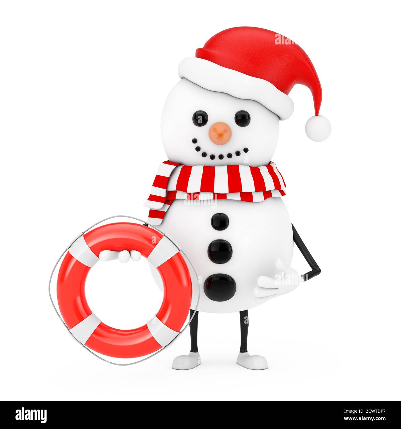 Snowman in Santa Claus Hat Character Mascot with Life Buoy on a white ...