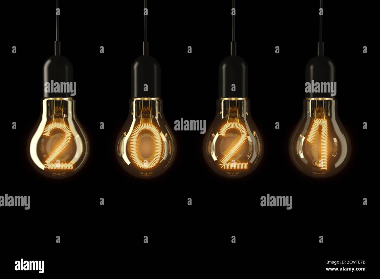 Light Bulbs Illuminated 2021 New Year on a black background. 3d ...