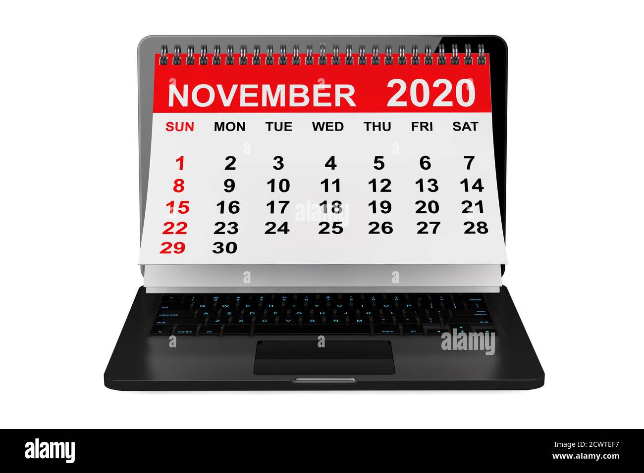 2020 year calendar. November calendar over laptop screen on a white ...