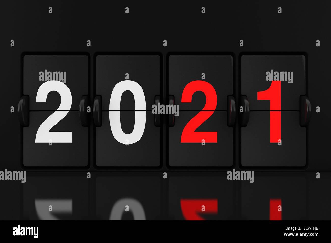 Mechanical Analog Flip Clock Board with 2021 New Year Sign extreme closeup. 3d Rendering Stock ...