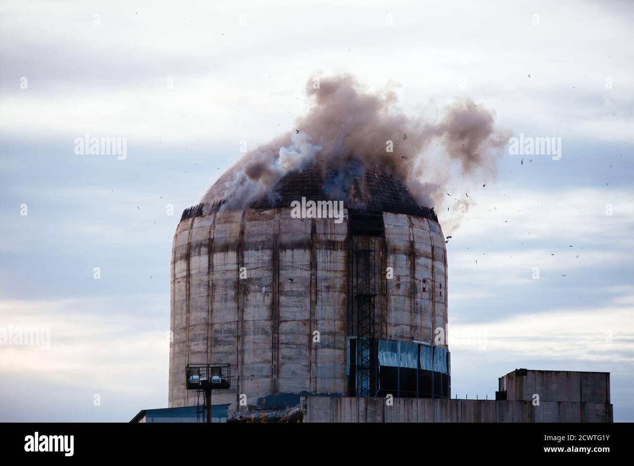 Demolition of old industrial building by exploding dynamite Stock Photo ...