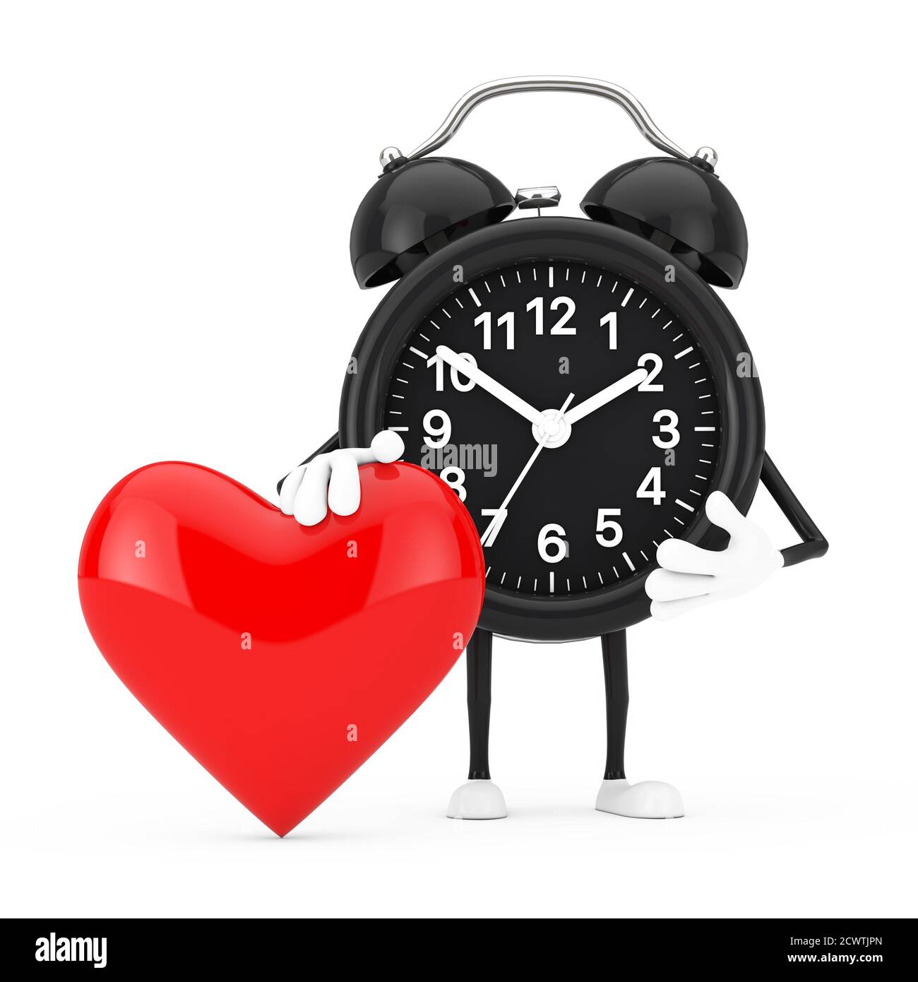 Alarm Clock Character Mascot with Red Heart on a white background. 3d ...