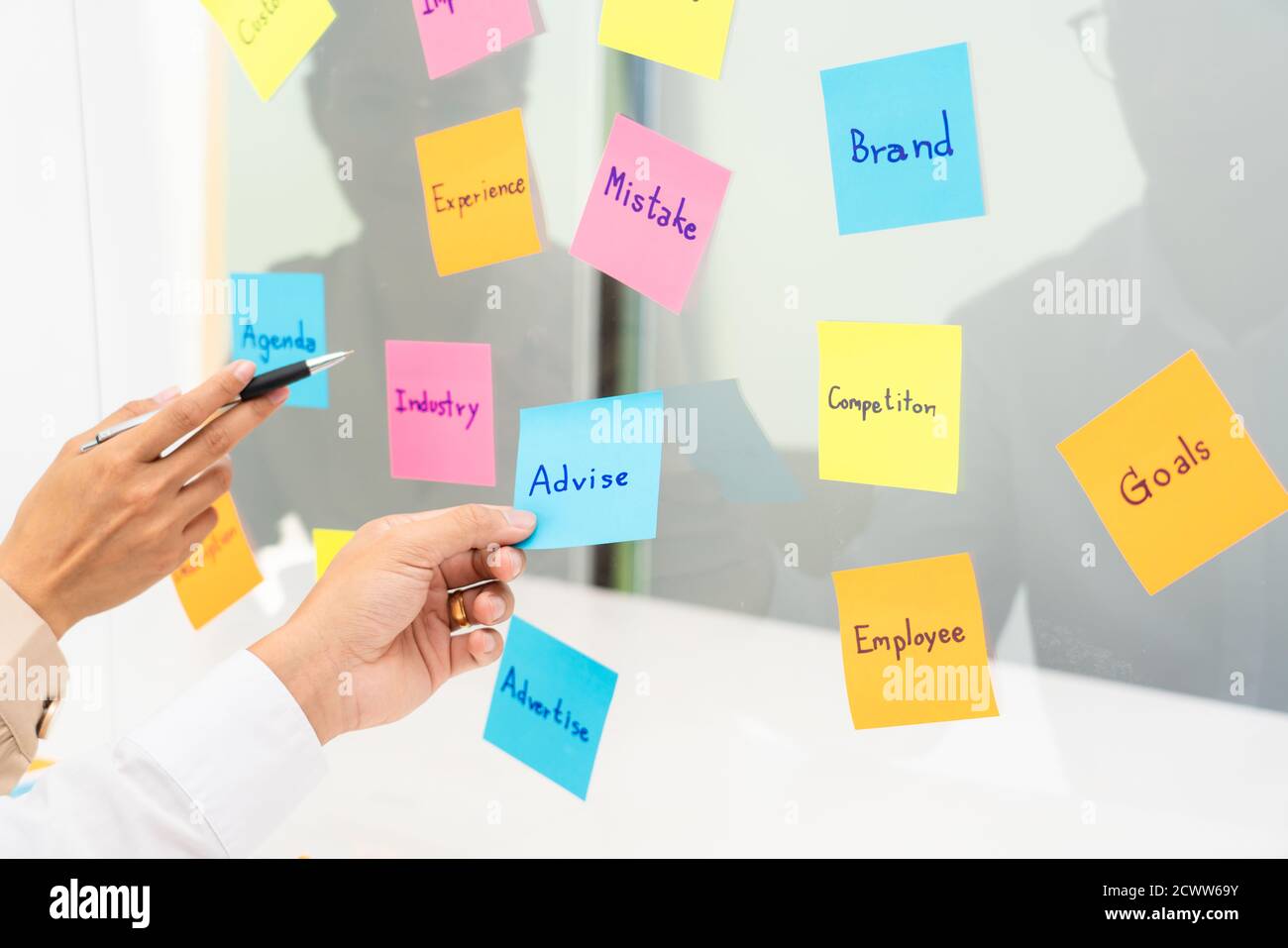 business people planning startup project placing sticky notes session ...