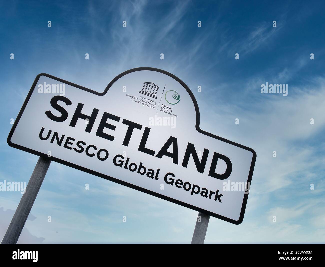 The Shetland UNESCO Global Geopark sign at the Holmsgarth Ferry ...