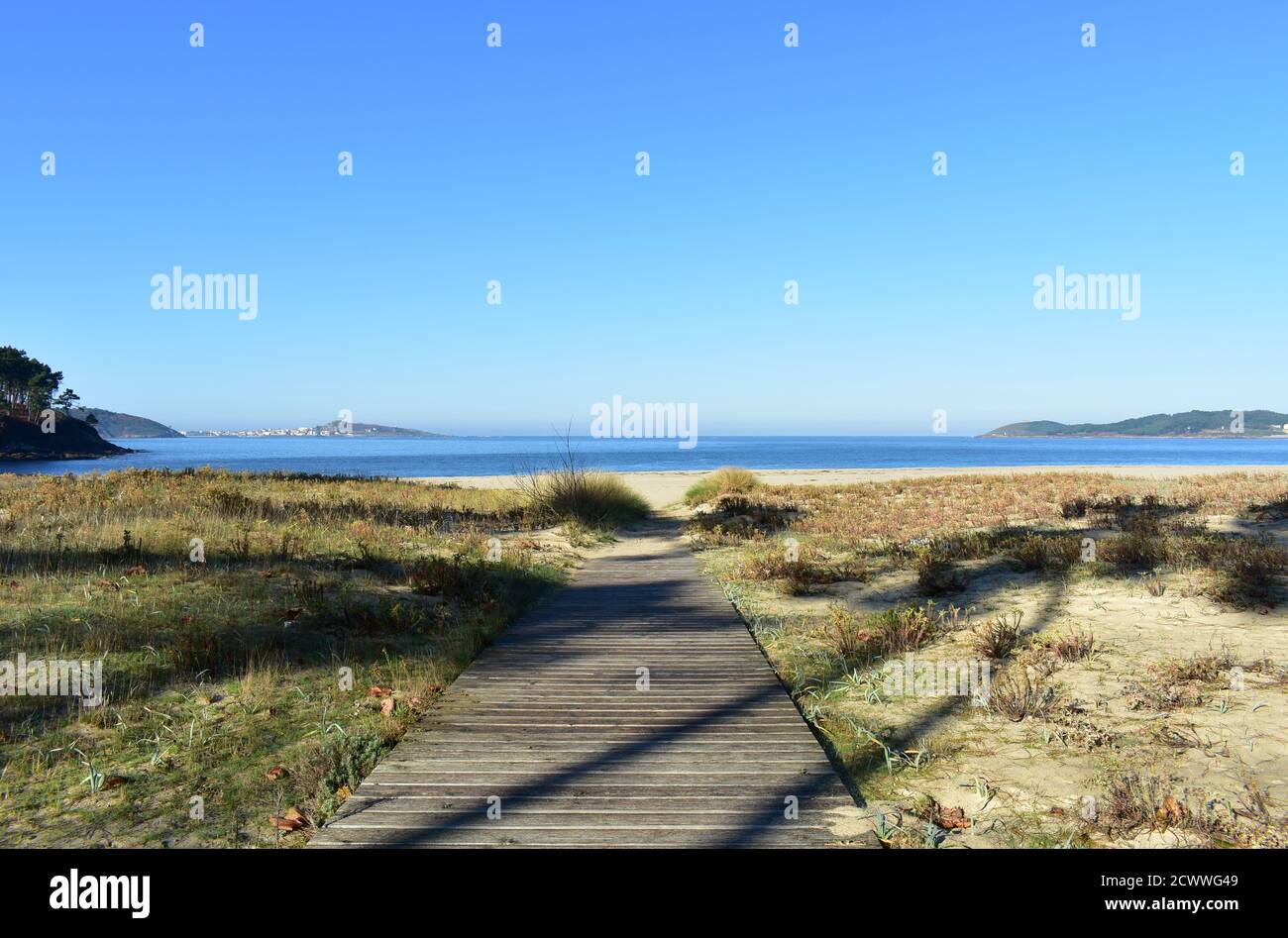 Beach with wooden boardwalk at famous Rias Baixas Region. Muxia ...