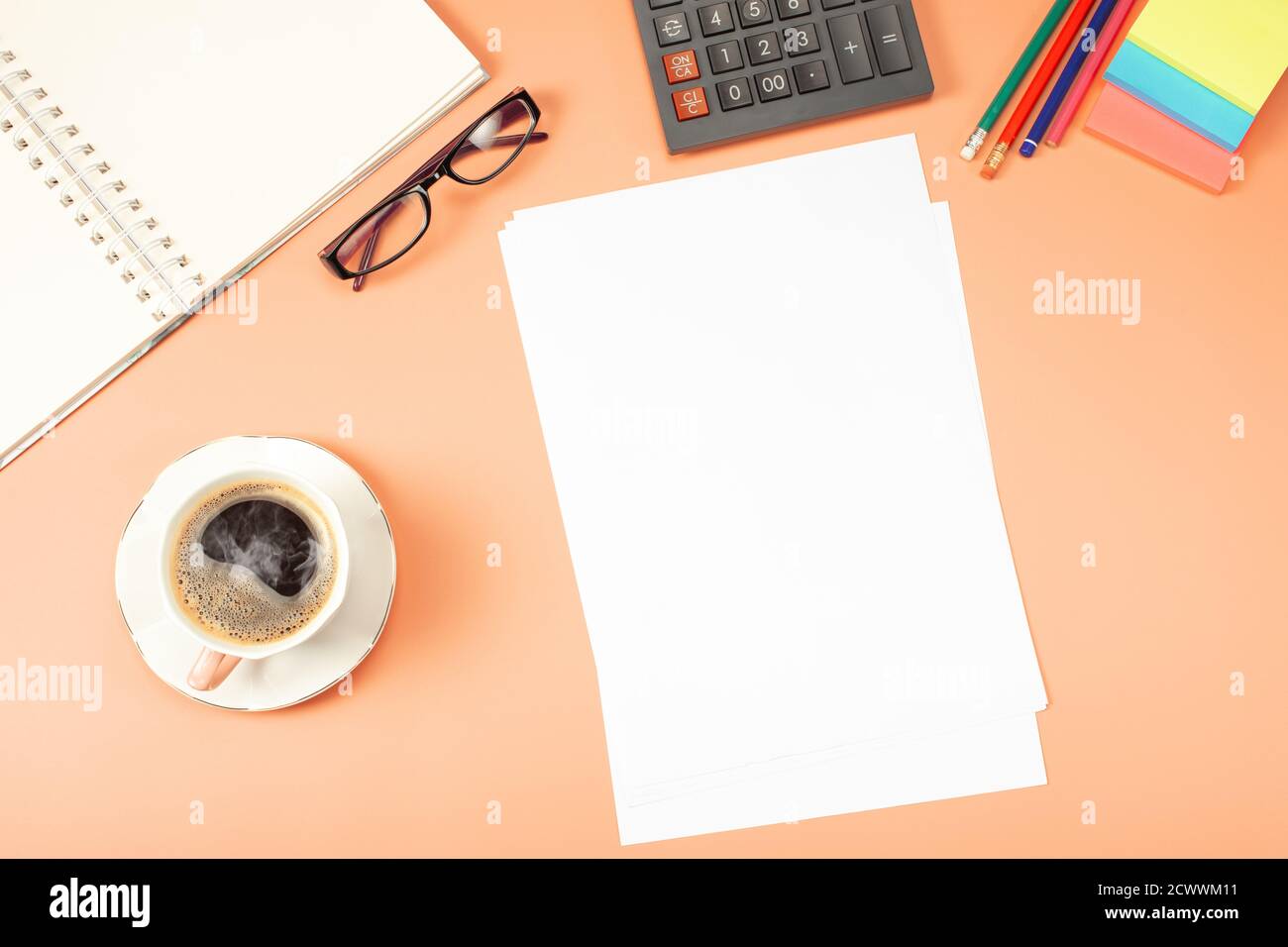stylish table desk, workspace. mockup template paperwork and financial ...