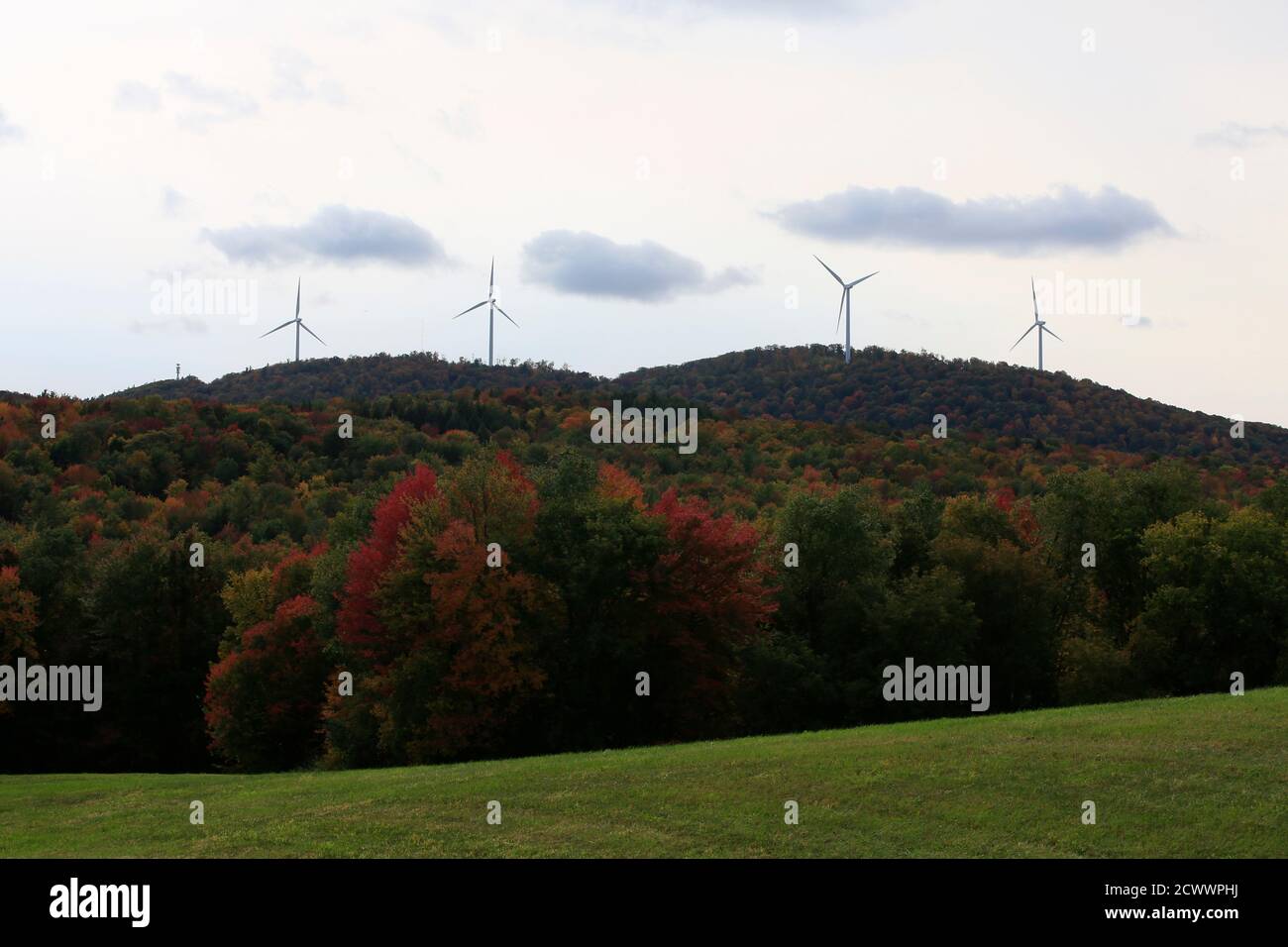 Wind turbines work near Milton, in northern Vermont, U.S.A. (Photo ...