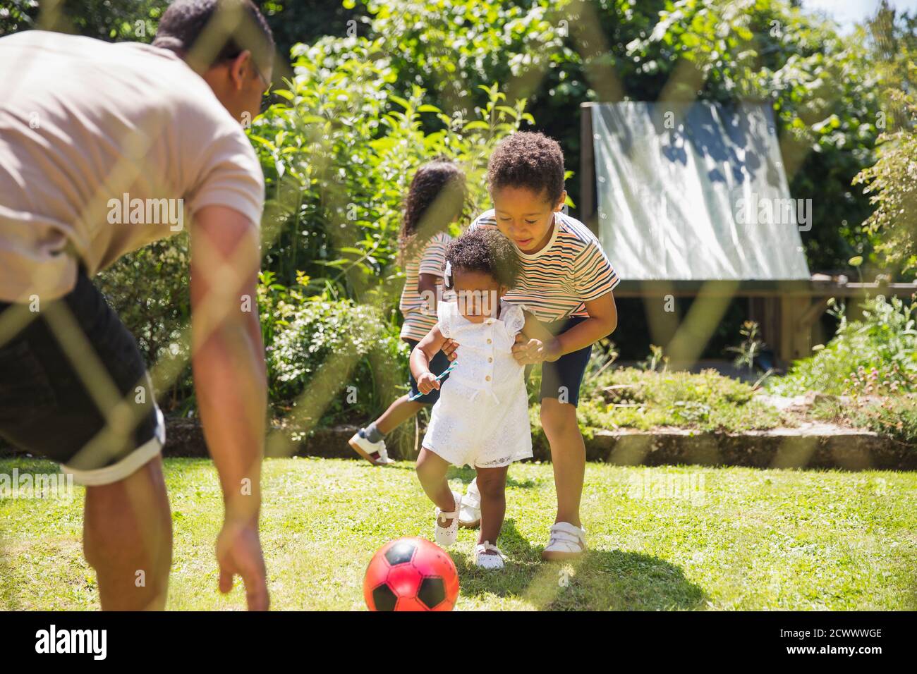Family playing soccer in sunny summer backyard Stock Photo - Alamy