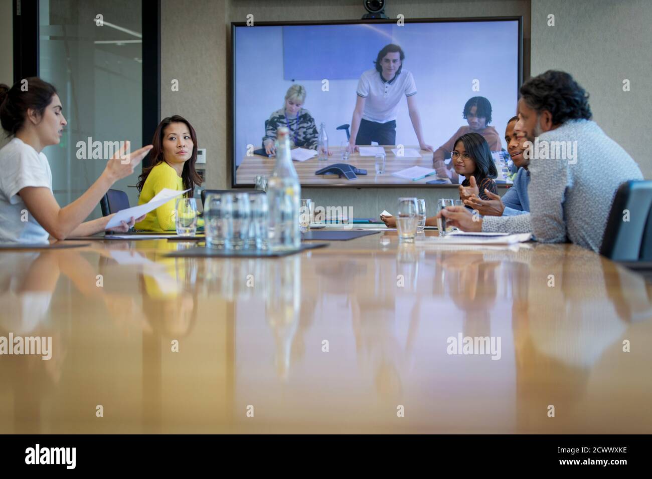 Business people video conferencing in conference room meeting Stock ...