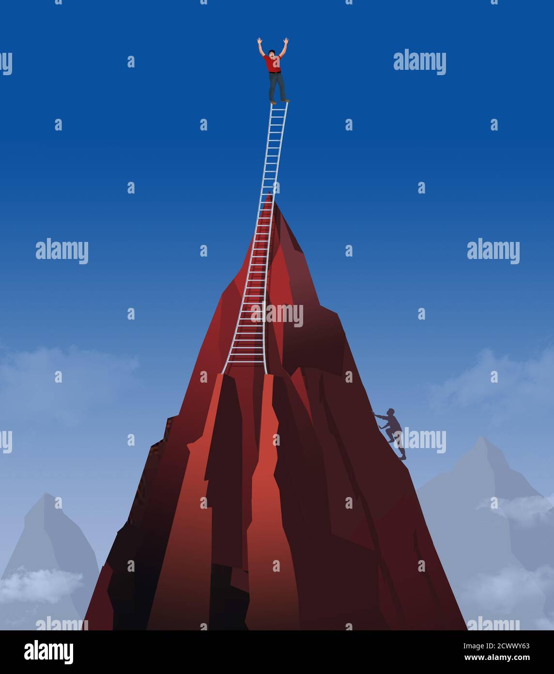 A man climbs to a mountain peak in this 3-D image then goes even higher ...