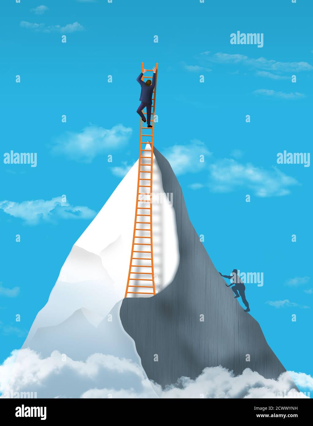 A man climbs to a mountain peak in this 3-D image then goes even higher ...