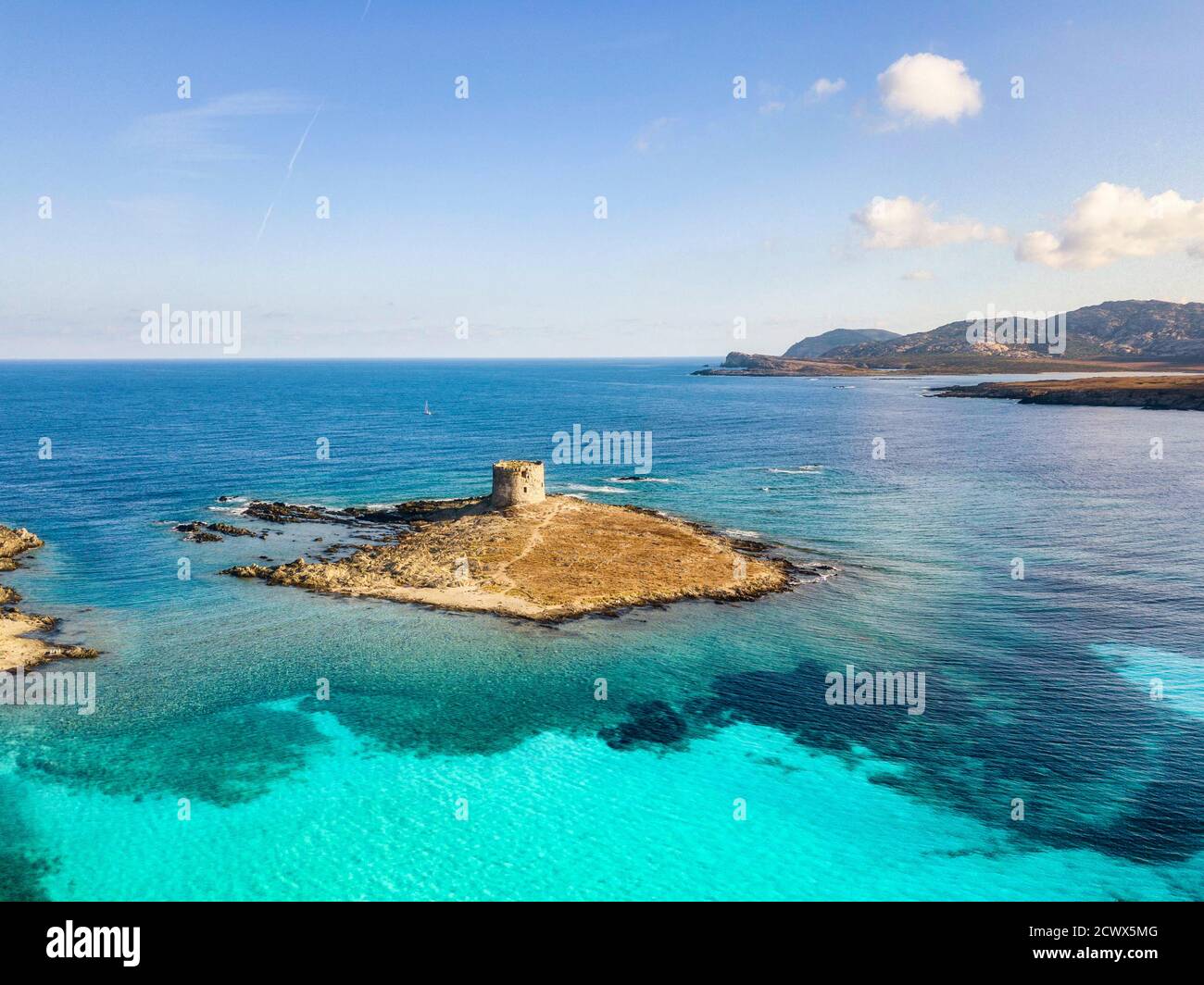 Stintino, turquoise sea water, coastline and tower. Sardinia, Italy ...