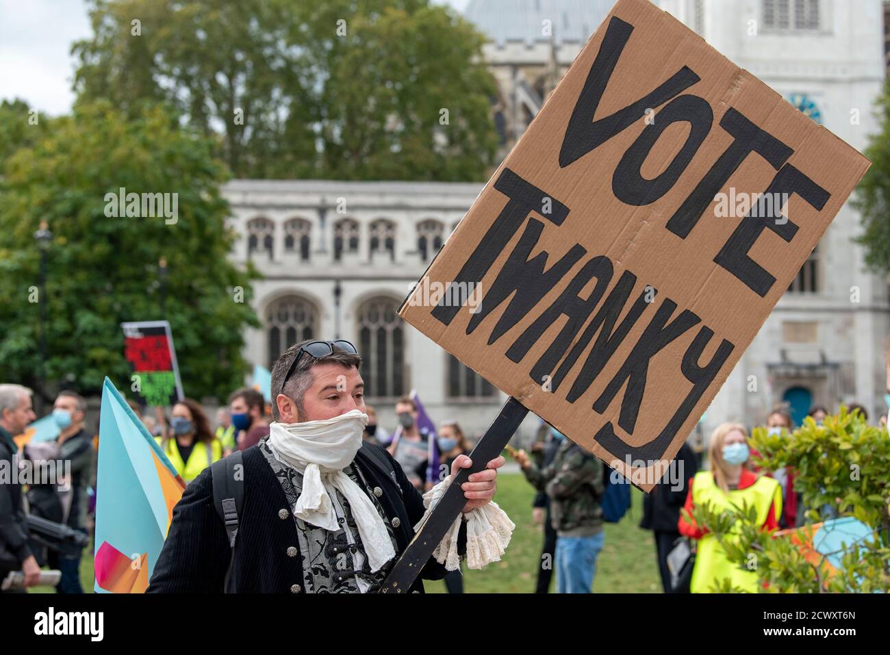 A placard is displayed reading 'Vote Twanky' during the Pantomime dames ...