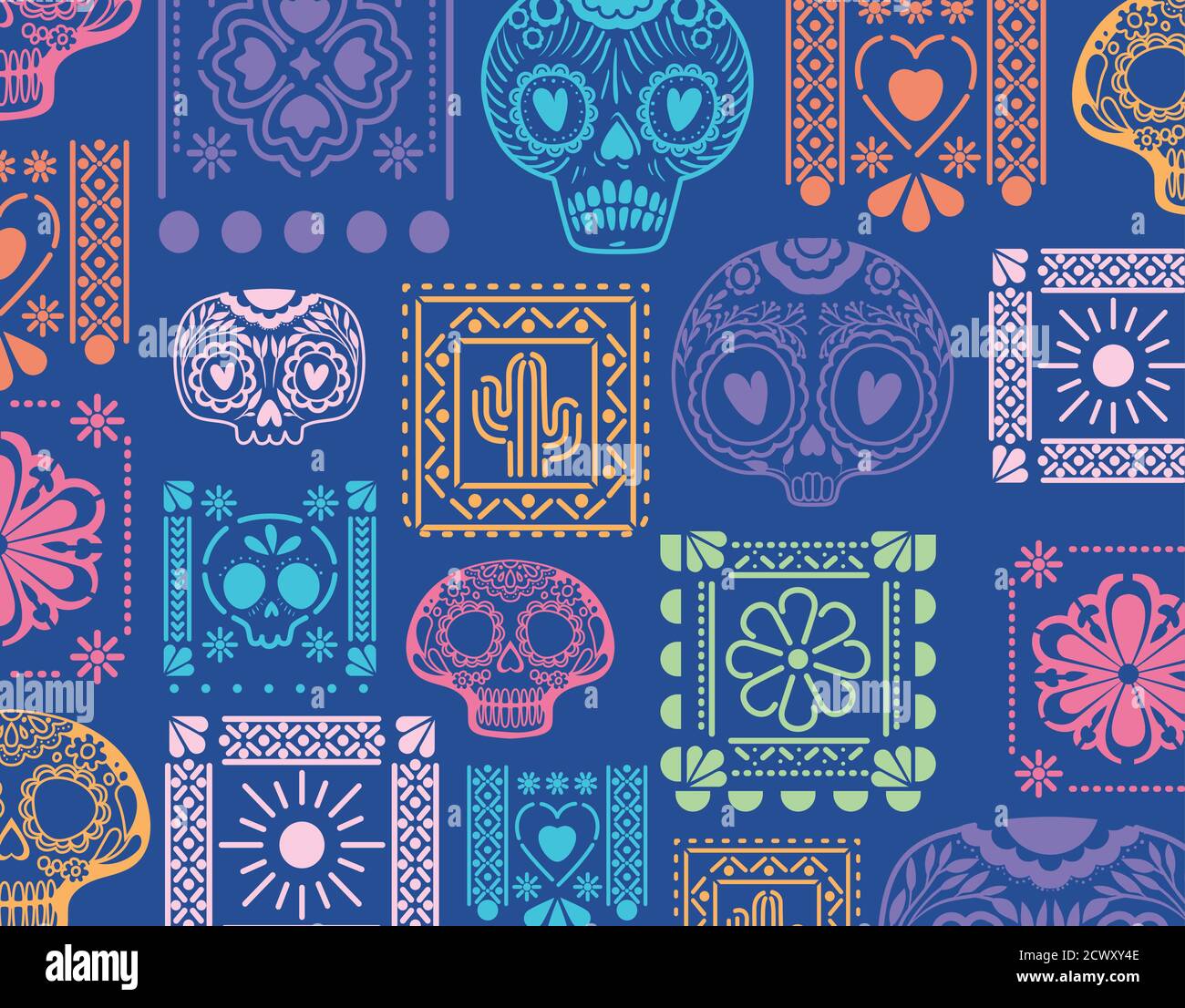 Mexican blue background with skulls and flowers vector design Stock ...