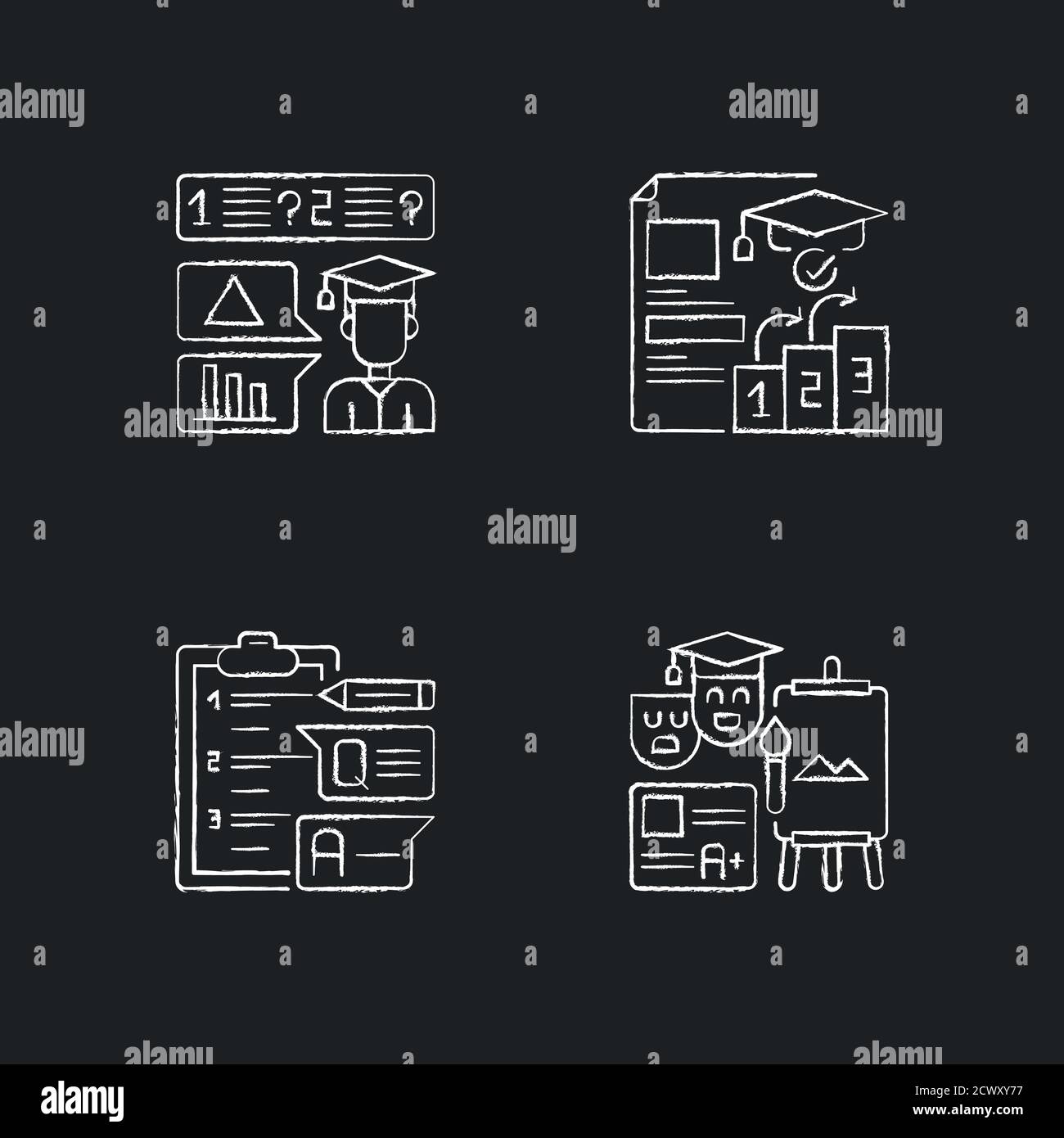 Questioning checklist chalk white icons set on black background Stock ... Questioning checklist chalk white icons set on black background Stock ...