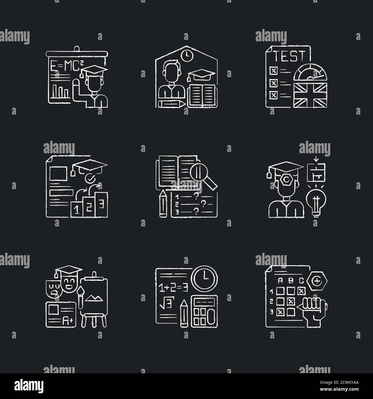 Examination types chalk white icons set on black background Stock ...