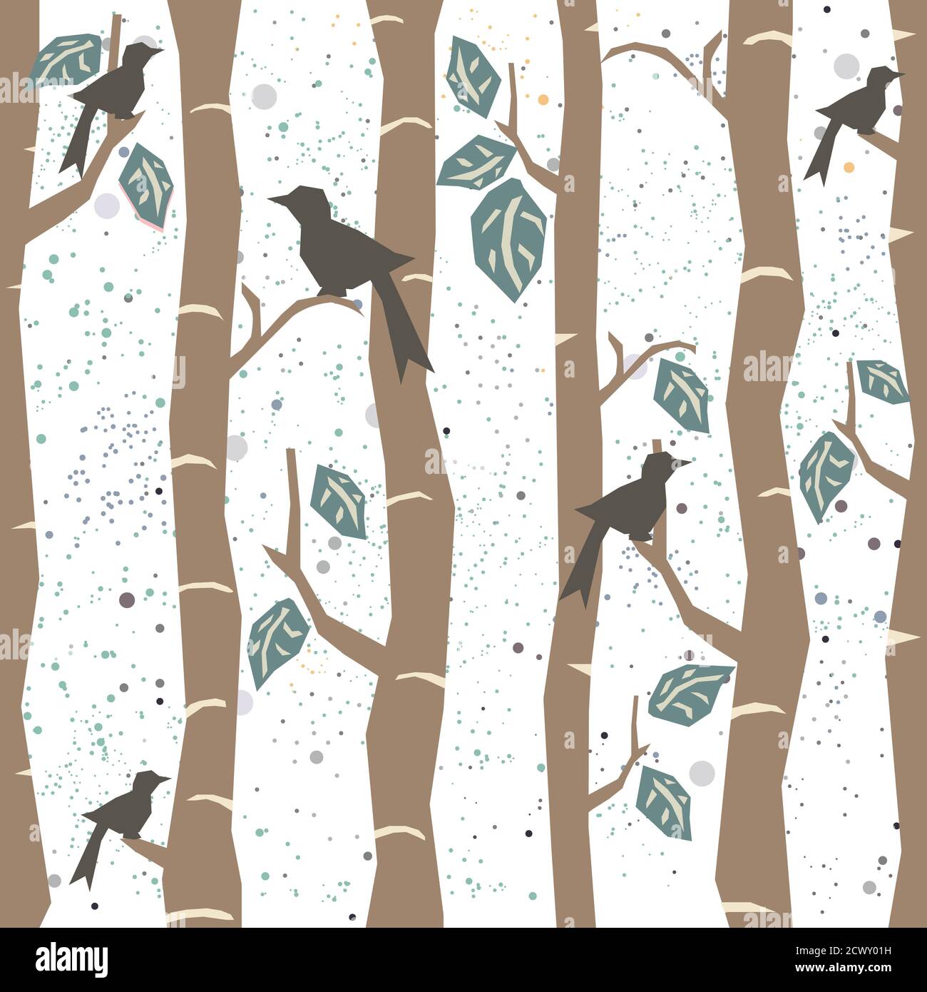Seamless Tree Pattern with big birds and leaves. Vector Illustration ...