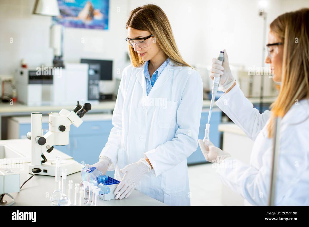Cute female researchers in white lab coat working in the laboratory ...