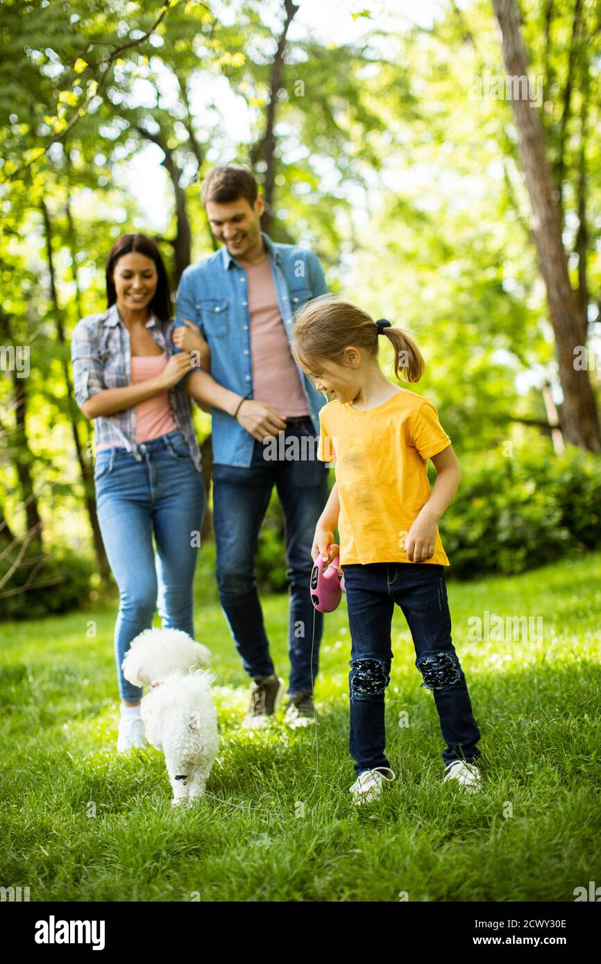 Happy young family with cute bichon dog in the park Stock Photo - Alamy