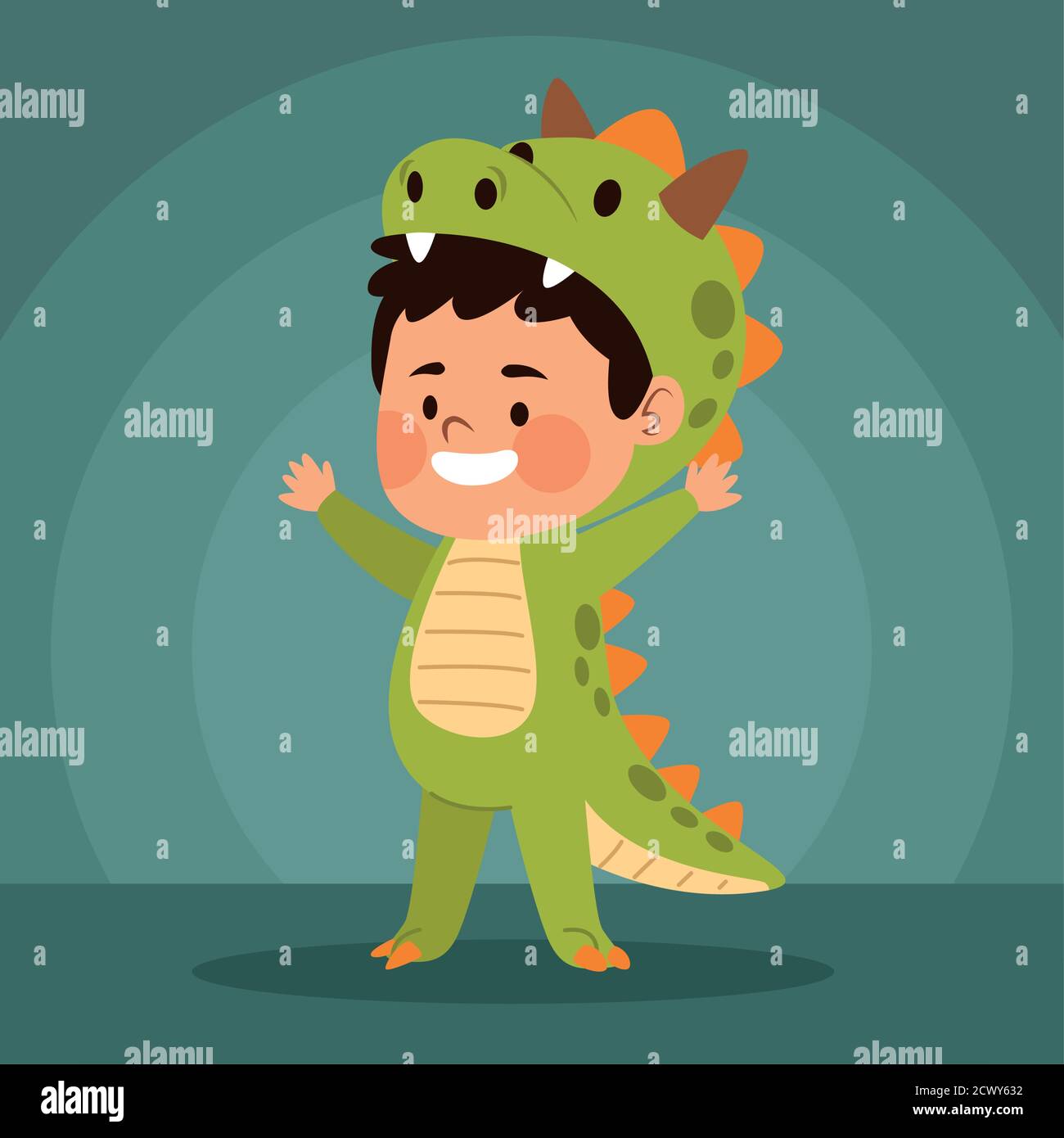 cute little boy dressed as a dinosaur character vector illustration ...