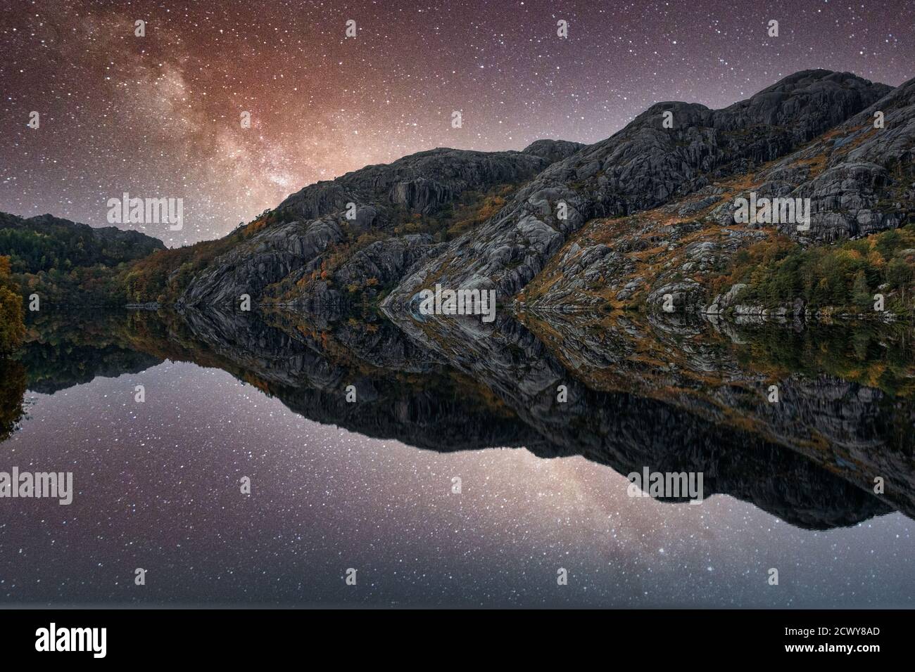 Mountains with lake reflecting stars and Milky Way. Panorama Stock ...