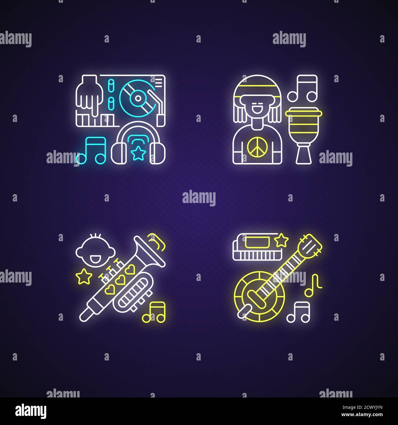 Modern music genres variety neon light icons set Stock Vector Image ...