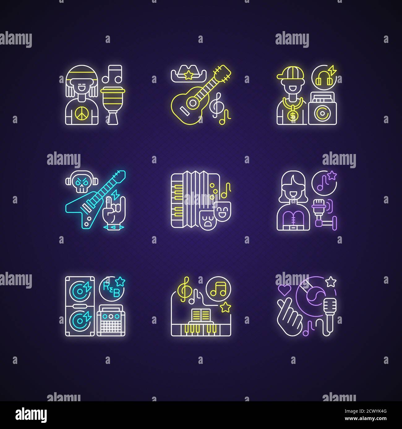 Musical songs types neon light icons set Stock Vector Image & Art - Alamy