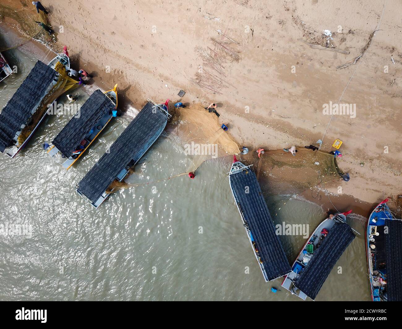 Kuala Muda, Penang/Malaysia - May 24 2019: Aerial view fisherman clear ...