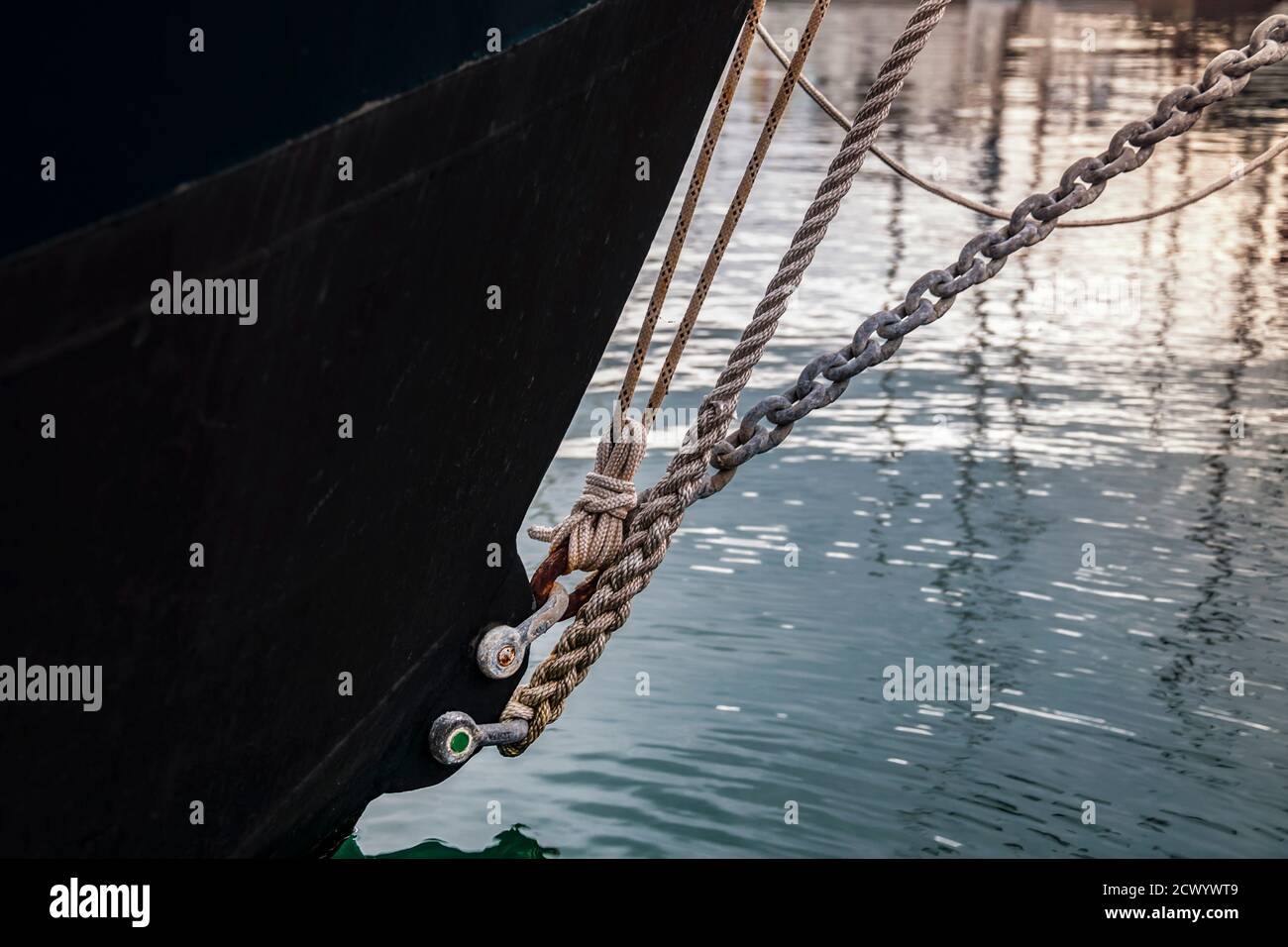 Close up of bobstay plate with anchor rod. Traditional sailing boat ...