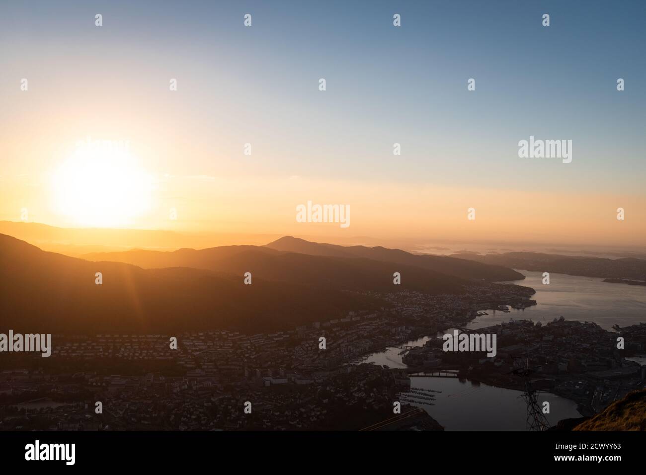 Bergen cityscape and fjord landscape aerial panorama with sunlight ...