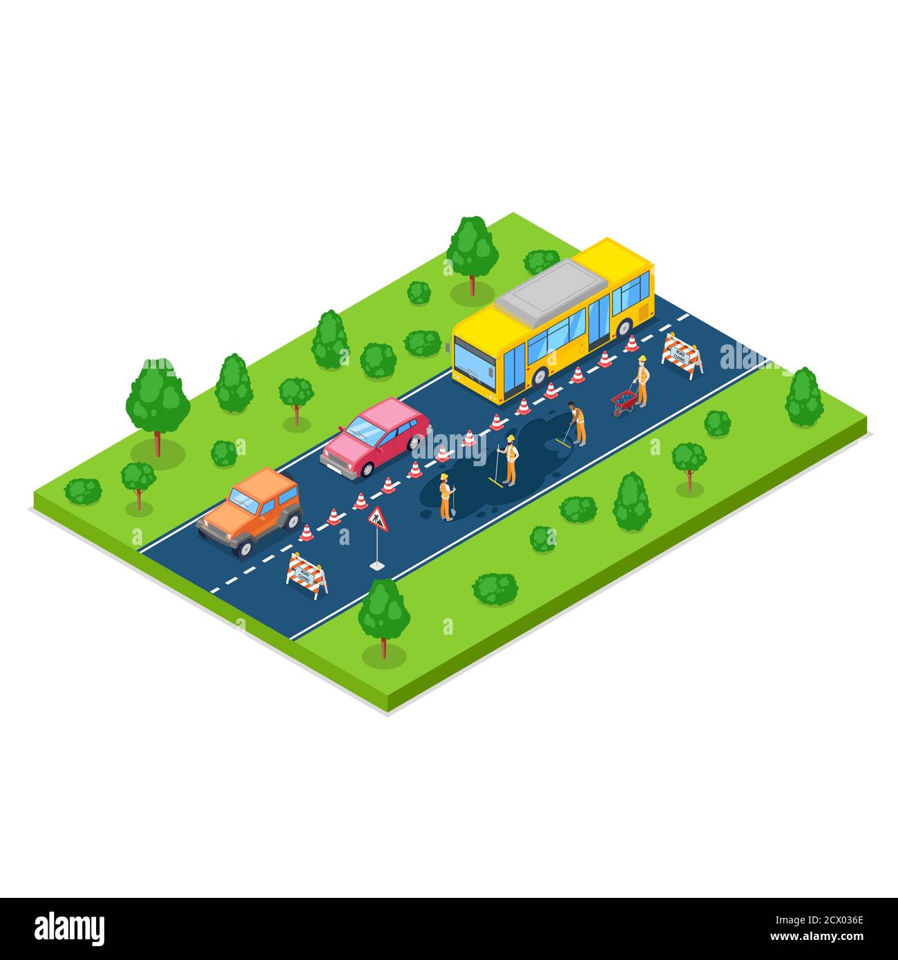 Road repair, roadworks and construction concept. Vector 3D isometric ...