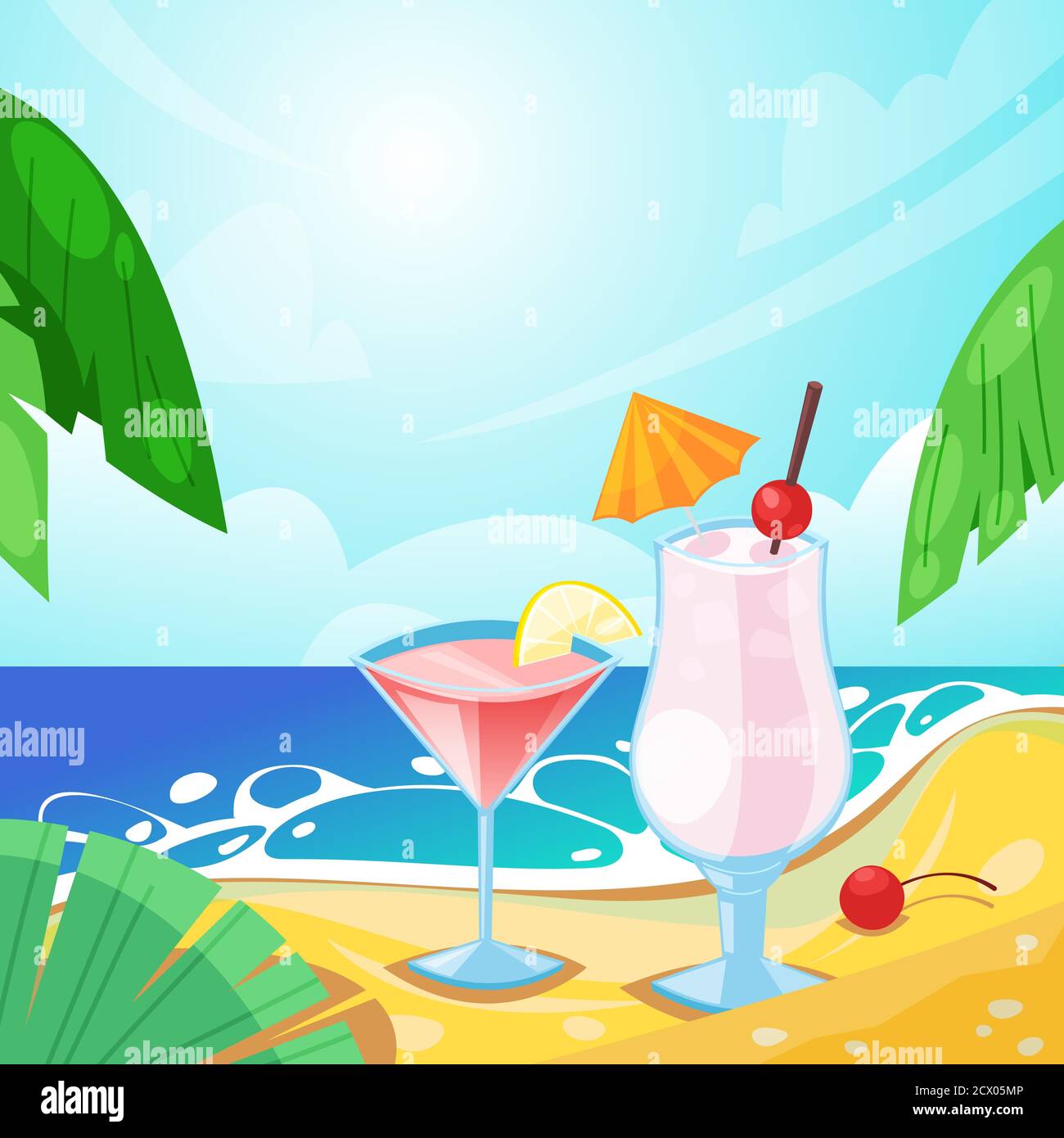 Tropical summer beach, alcohol beverages on sand. Vector bar ...