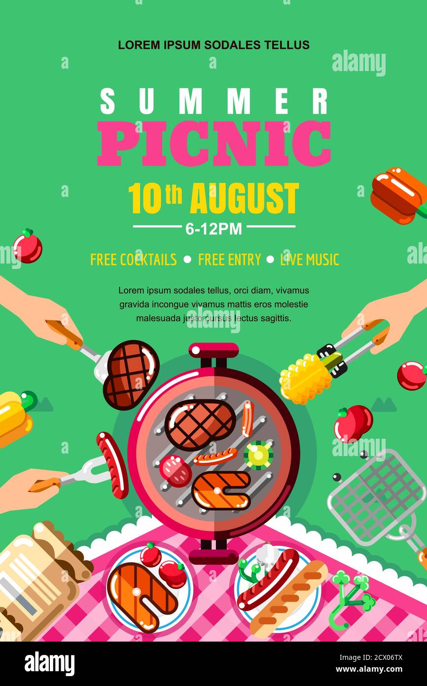 Summer barbecue picnic, vector poster, banner layout. Top view BBQ ...