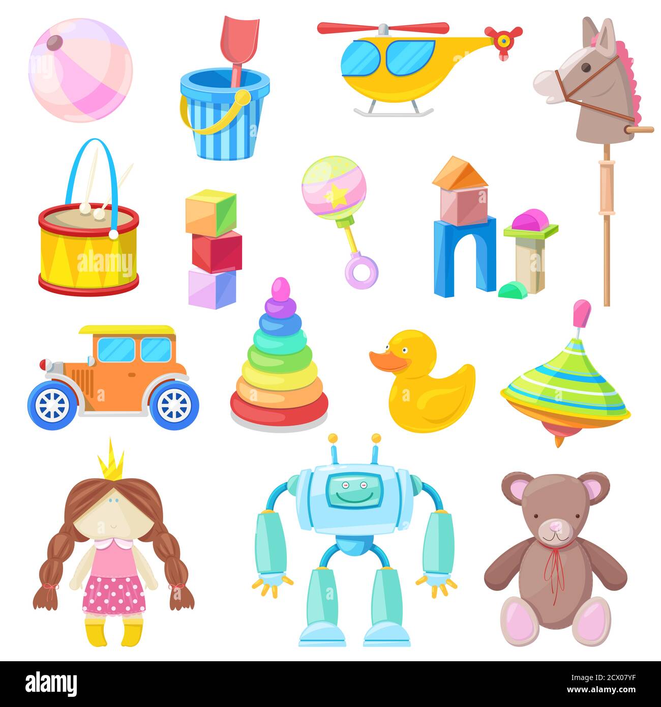 Kids toys vector design elements and icons set. Color toy for baby boy ...