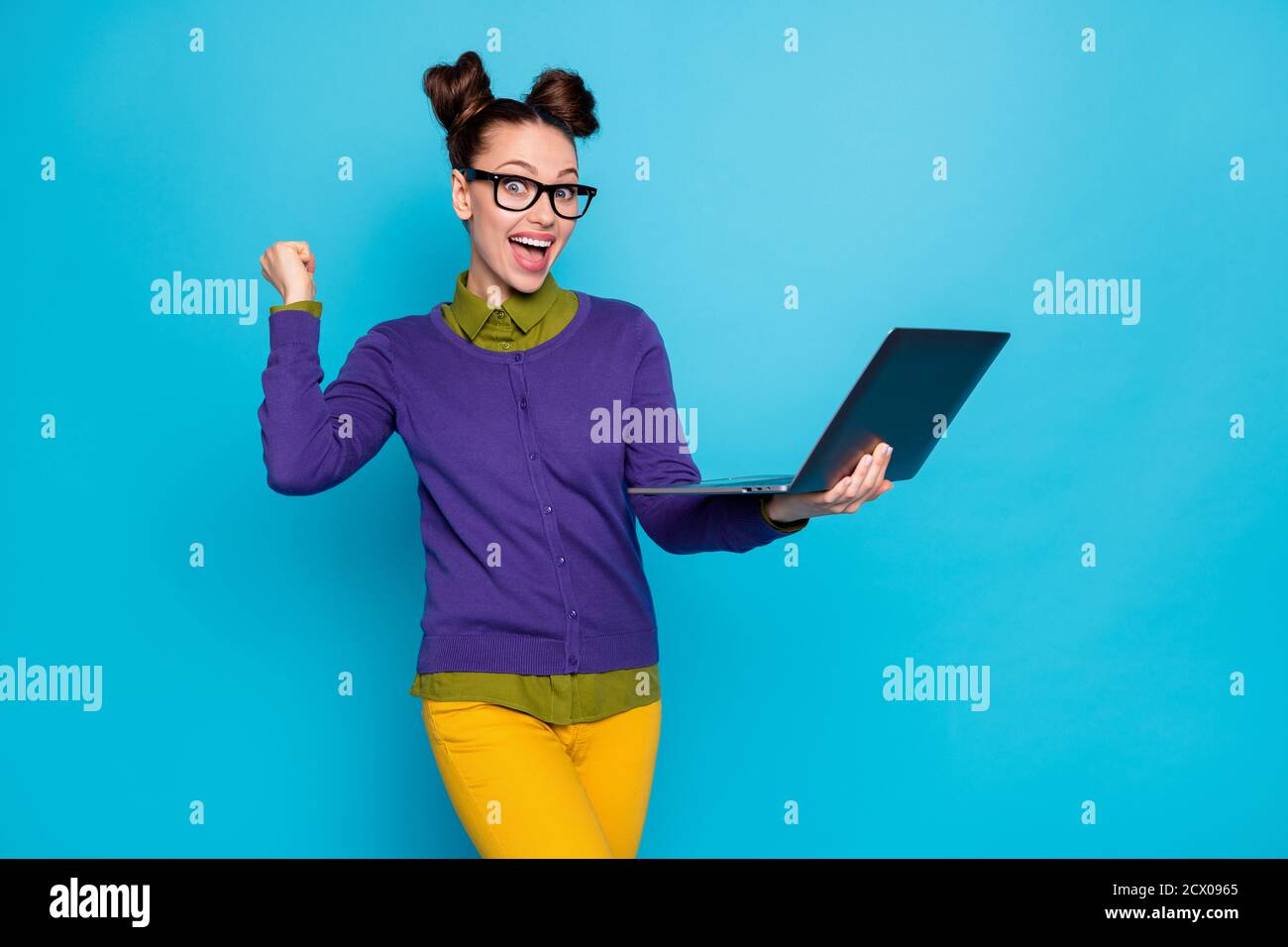 Photo of attractive lady two pretty buns hold notebook distance ...