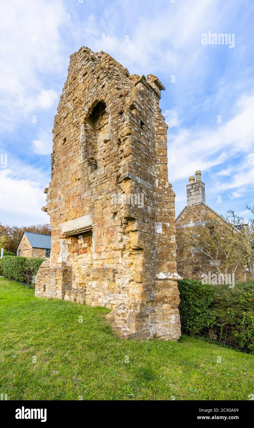 The ruined end wall of the monks dining hall or refectory of Abbotsbury ...