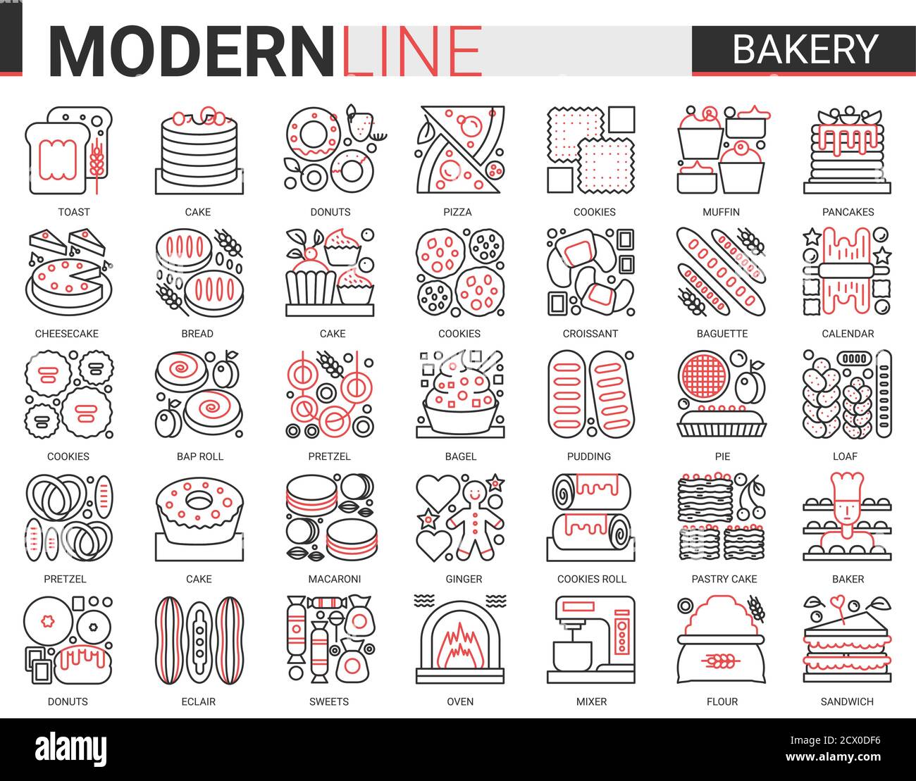 Bakery red black concept complex line icons vector set. Sweet food ...