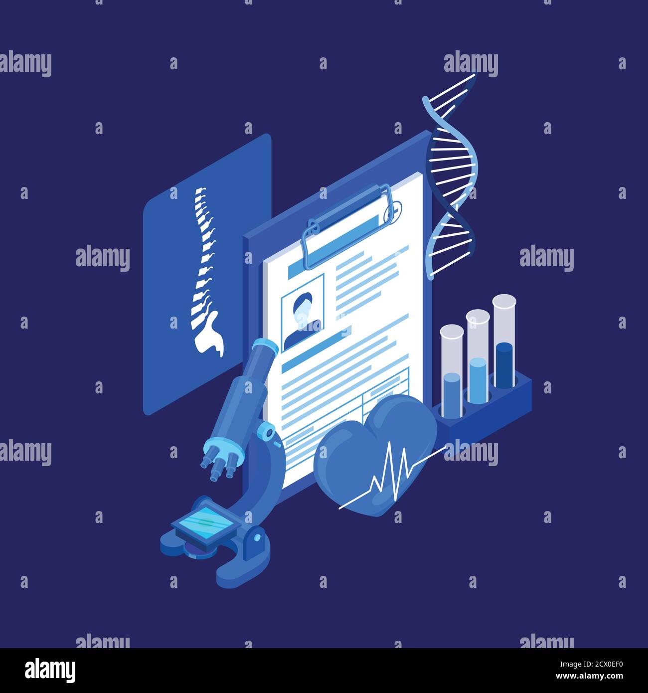 Medical diagnostic concept. Lab research, DNA, radiograph and blood ...