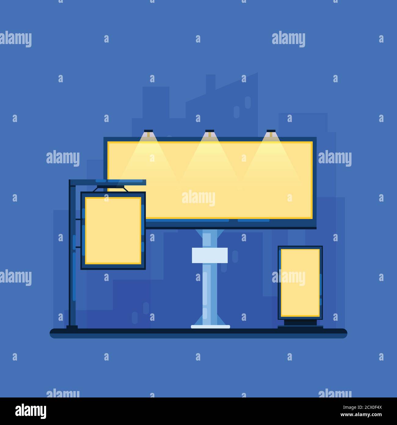 Street advertising concept. Glowing blank billboards set on night cityscape background. Vector ...