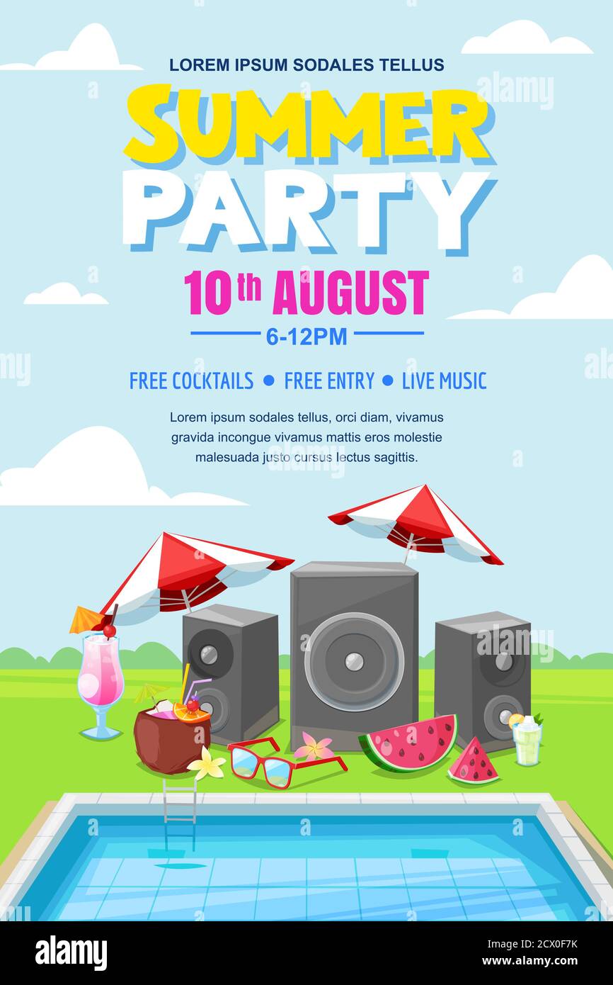 Summer pool party, vector poster, banner layout. Music loudspeakers ...