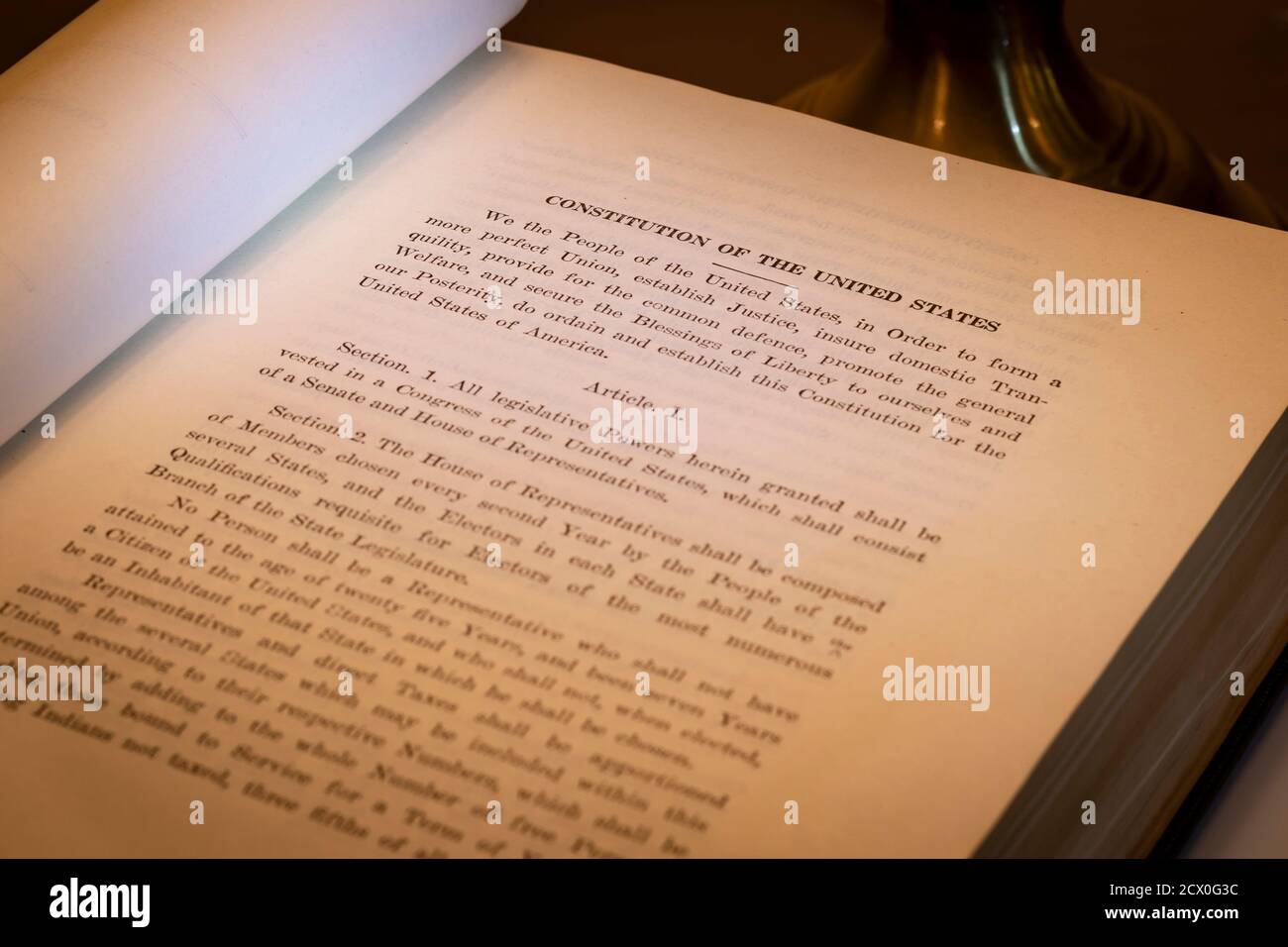 Open book shows selective shallow focus on the Preamble and Article 1 ...