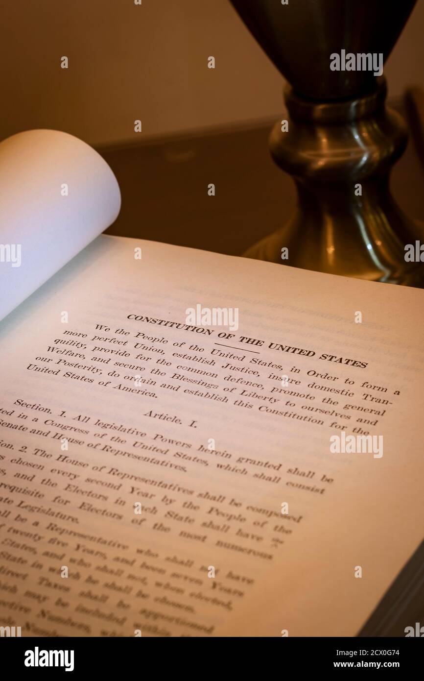 Open book shows selective shallow focus on the Preamble and Article 1 ...