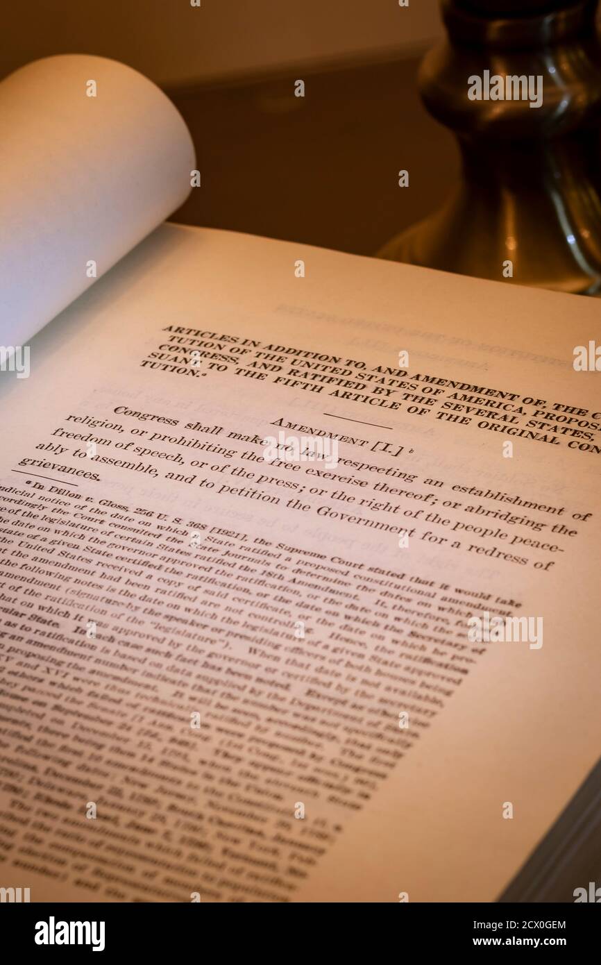 Open book shows selective shallow focus on the First Amendment to the ...