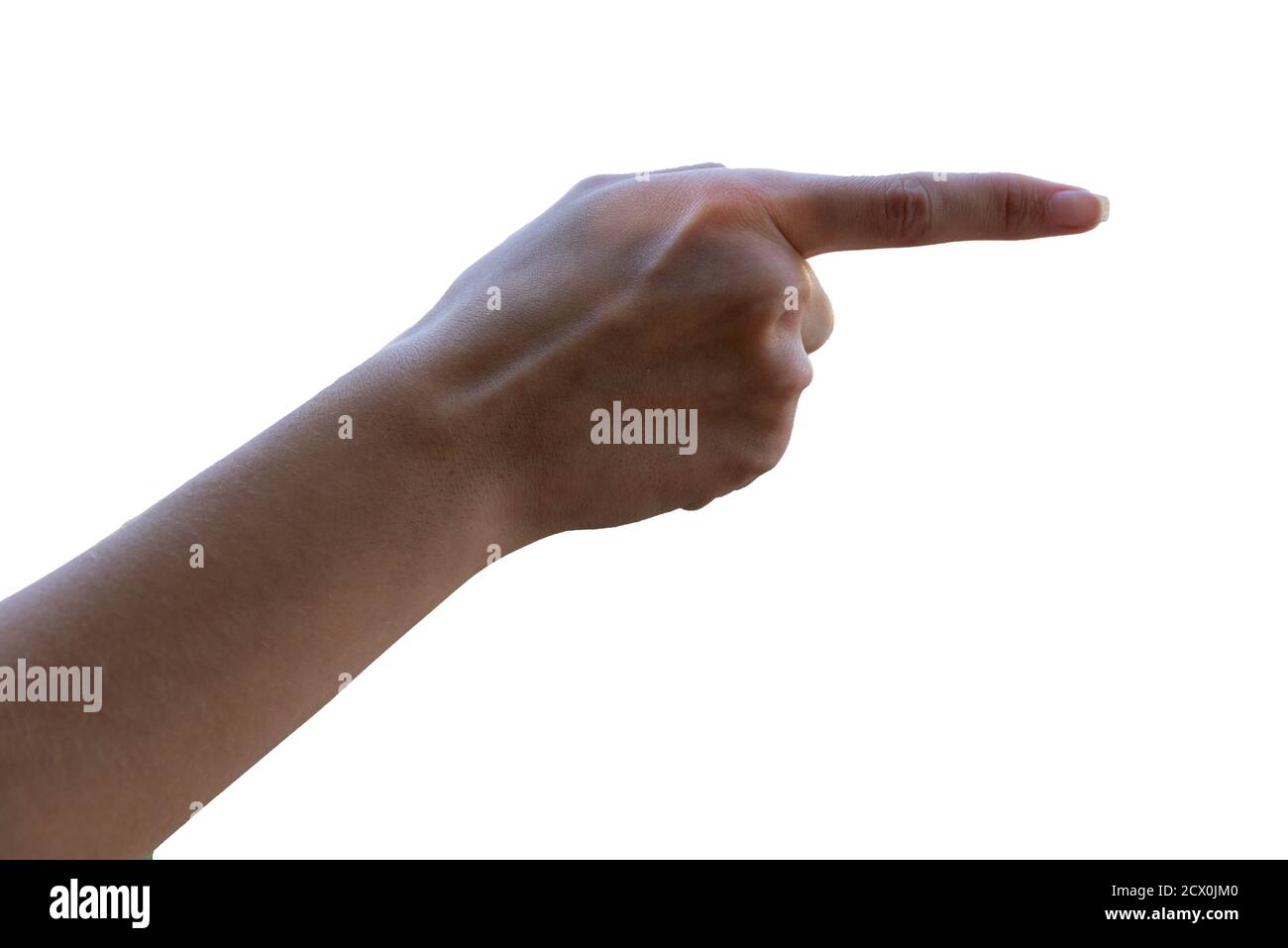 young female hand with finger pointing isolated on a white background ...